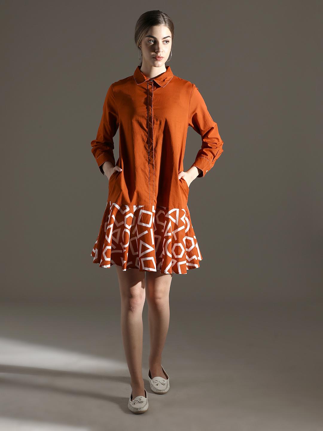 Buy Dora Dori Cotton Abstract Print Dress With Cuff Sleeves And Shirt ...
