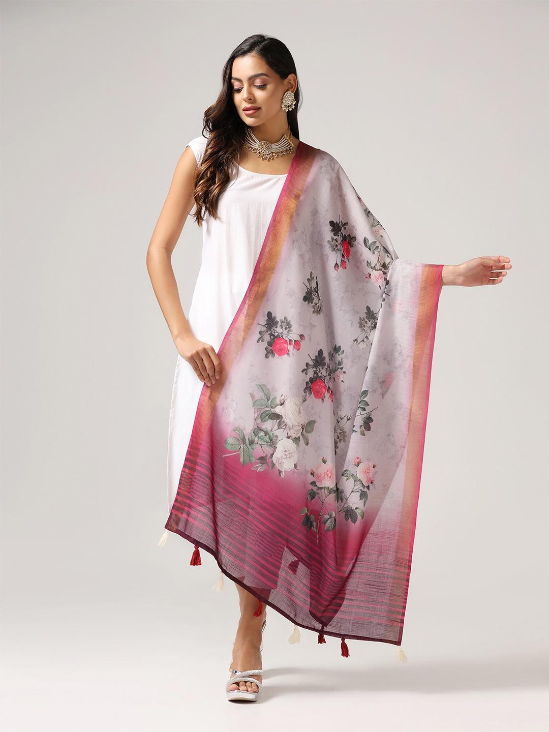 Buy Kaizen TEXO FAB Floral Printed Linen Kalamkari Dupatta With Zari ...