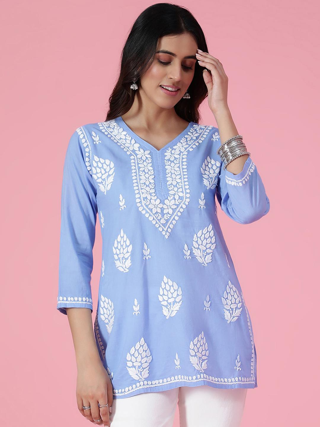 Buy House Of Chikankari Women Blue Cotton Chikankari Embroidered Kurti ...