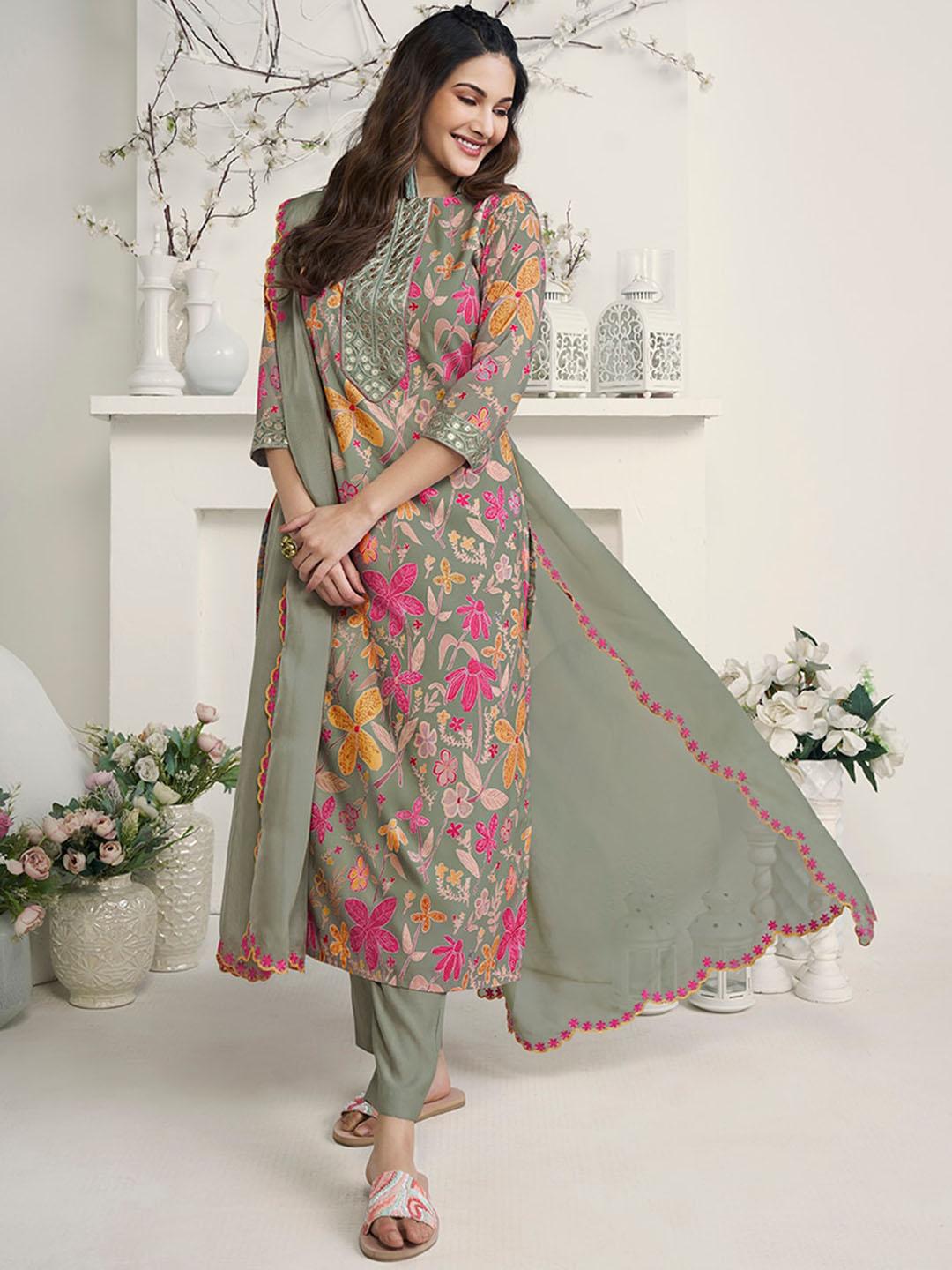 Buy Inddus Floral Printed Thread Work Straight Kurta With Trousers ...