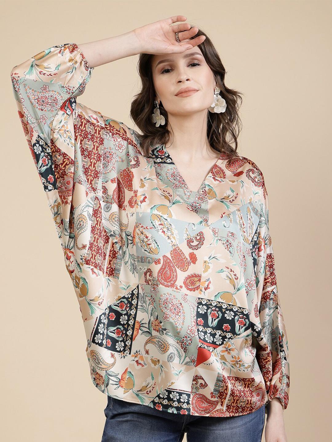 Buy TANKHI Print Mandarin Collar Batwing Sleeve Satin Kaftan Top - Tops ...