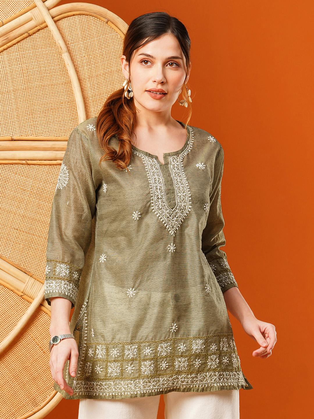 Buy ADA Ethnic Motifs Embroidered Thread Work Chanderi Straight Kurti ...