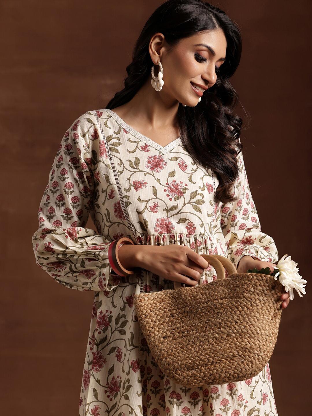 Buy Libas Floral Print Puff Sleeve Cotton A Line Dress - Dresses for ...