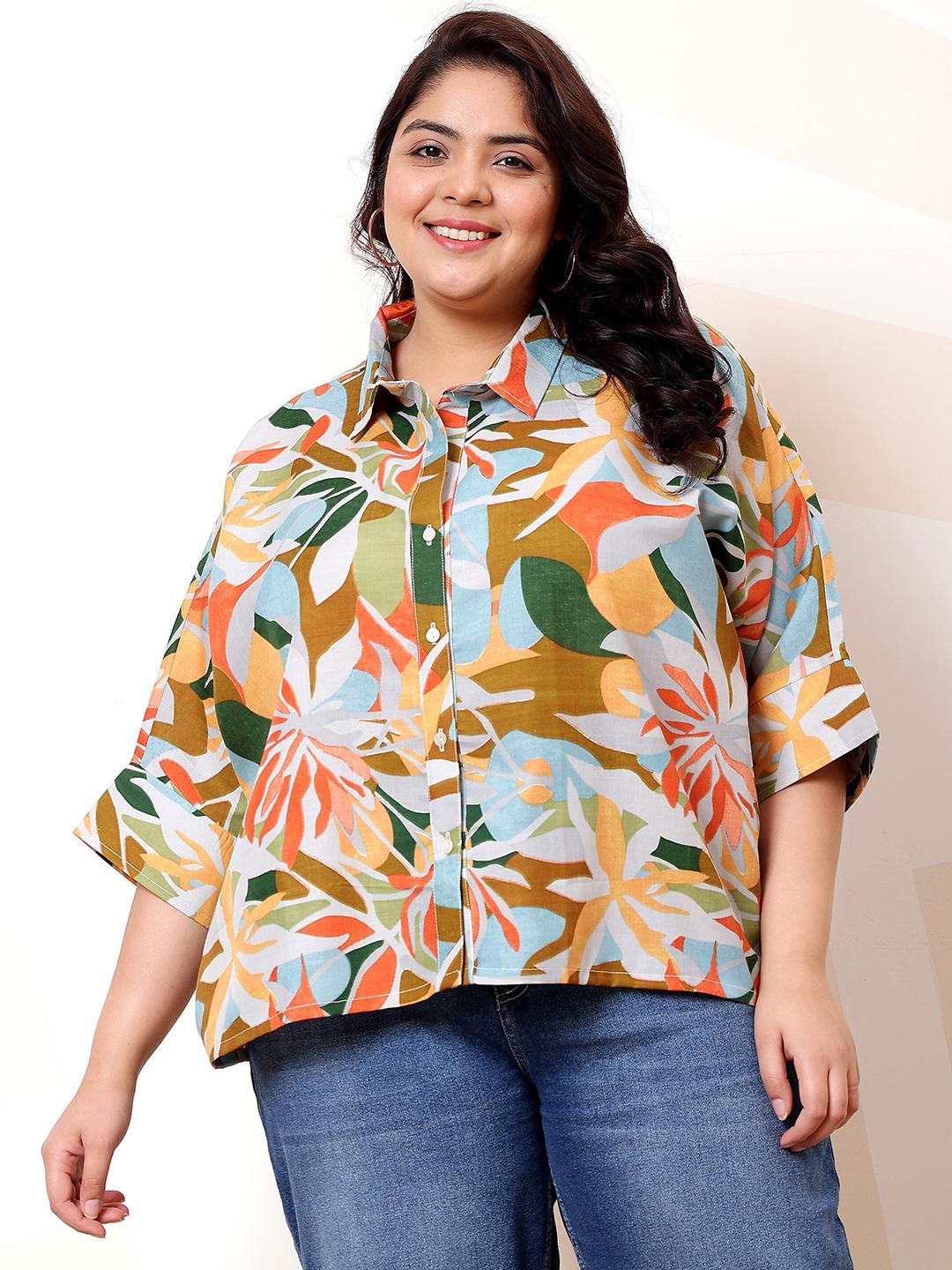 Buy Athena Ample Plus Size Floral Printed Kimono Sleeve Linen Shirt ...