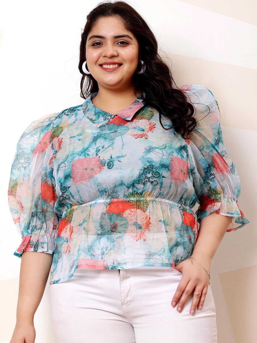 Buy Athena Ample Plus Size Floral Printed Shirt Collar Puff Sleeves ...