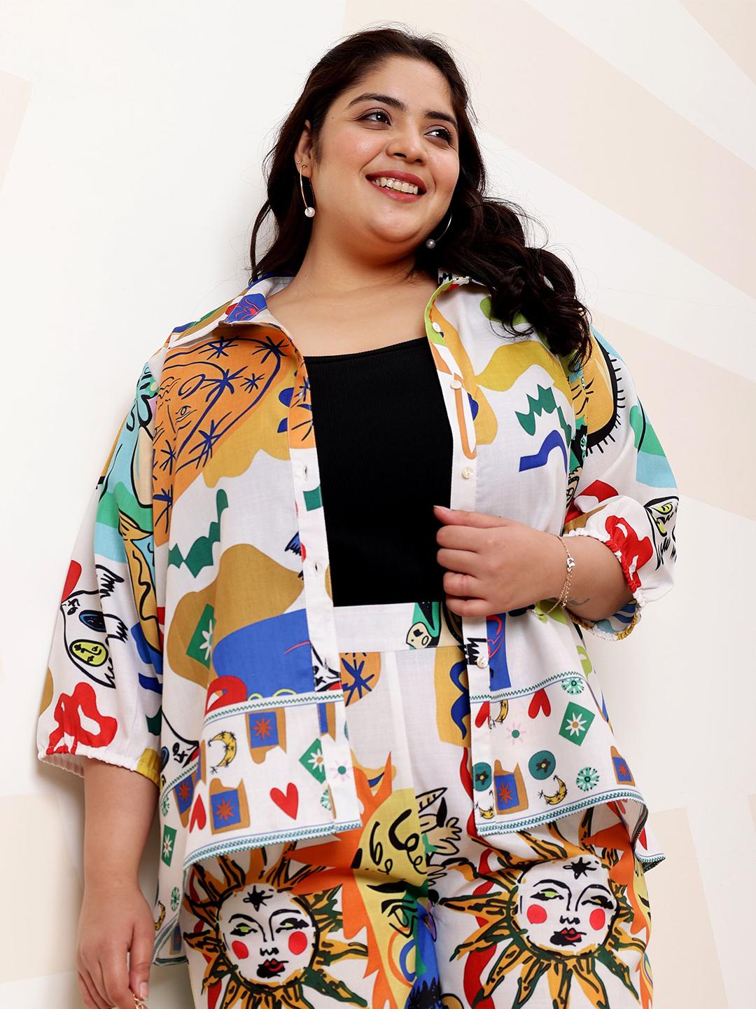 Buy Athena Ample Plus Size Geometric Printed Linen Casual Shirt ...