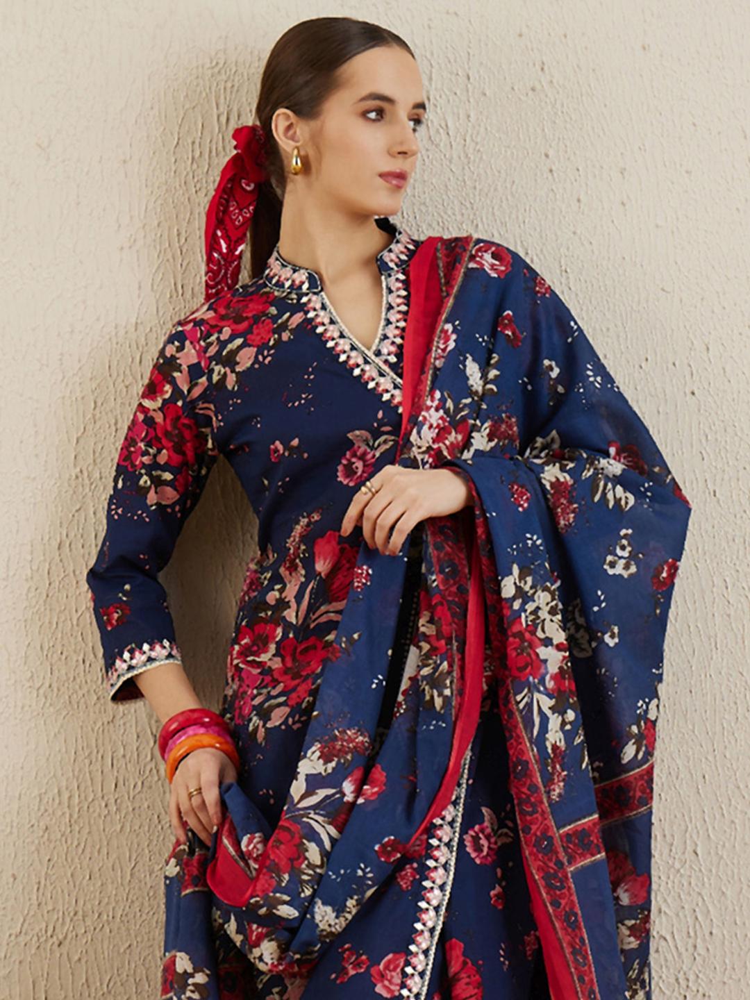 Buy Indo Era Plus Size Floral Printed Angrakha Pure Cotton Kurta ...
