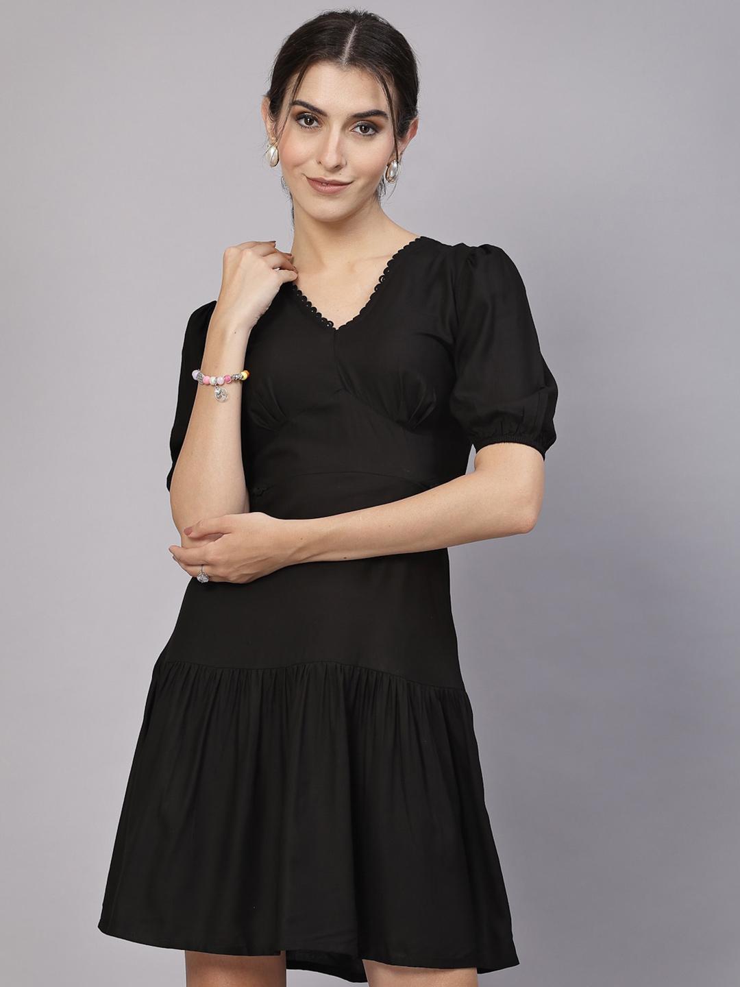 Buy Aayu V Neck Puff Sleeve Lace Frills Cut Outs A Line Mini Dress ...