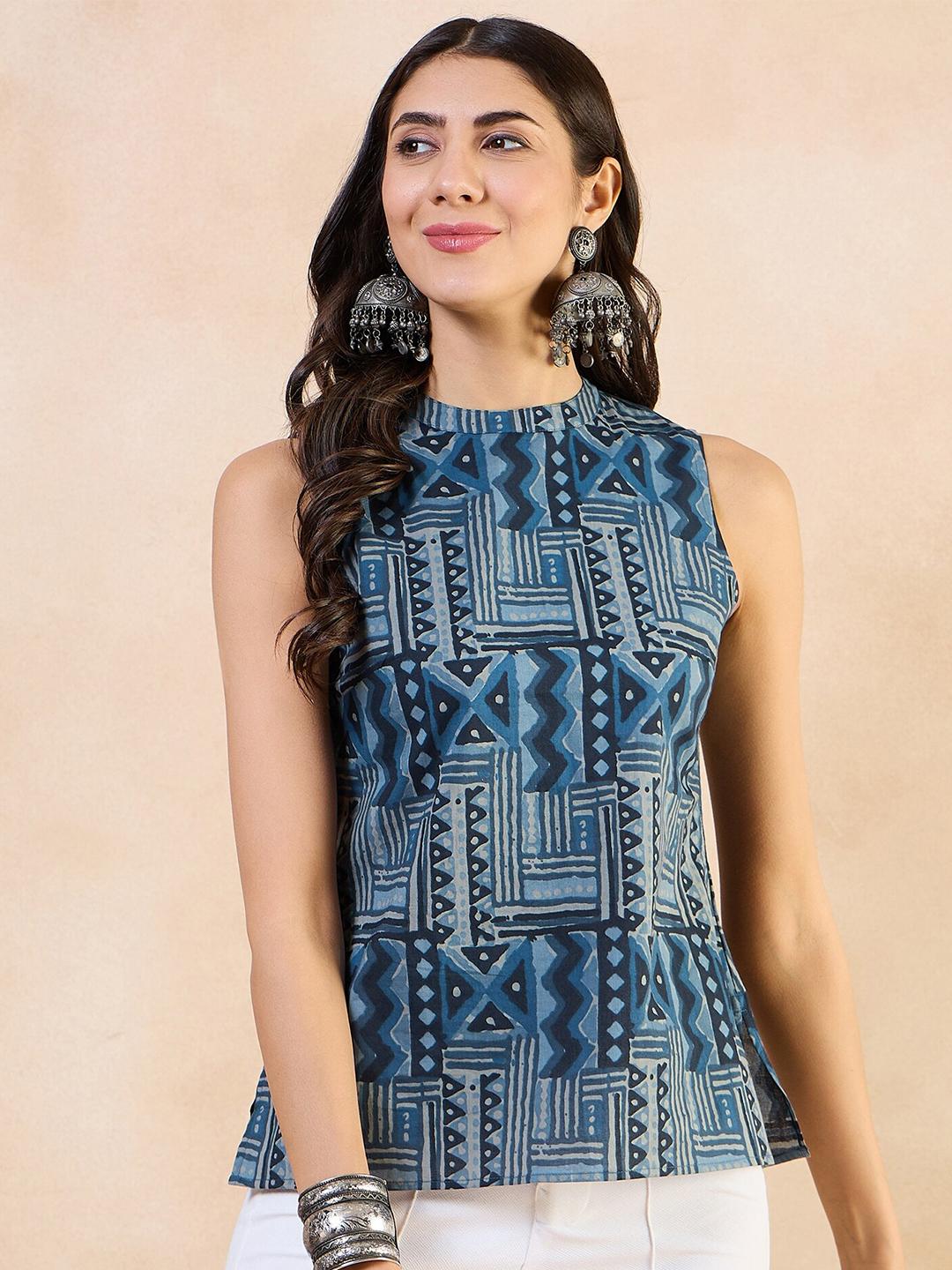 Buy Anouk Geometric Printed Halter Neck Pure Cotton Top - Tops for ...