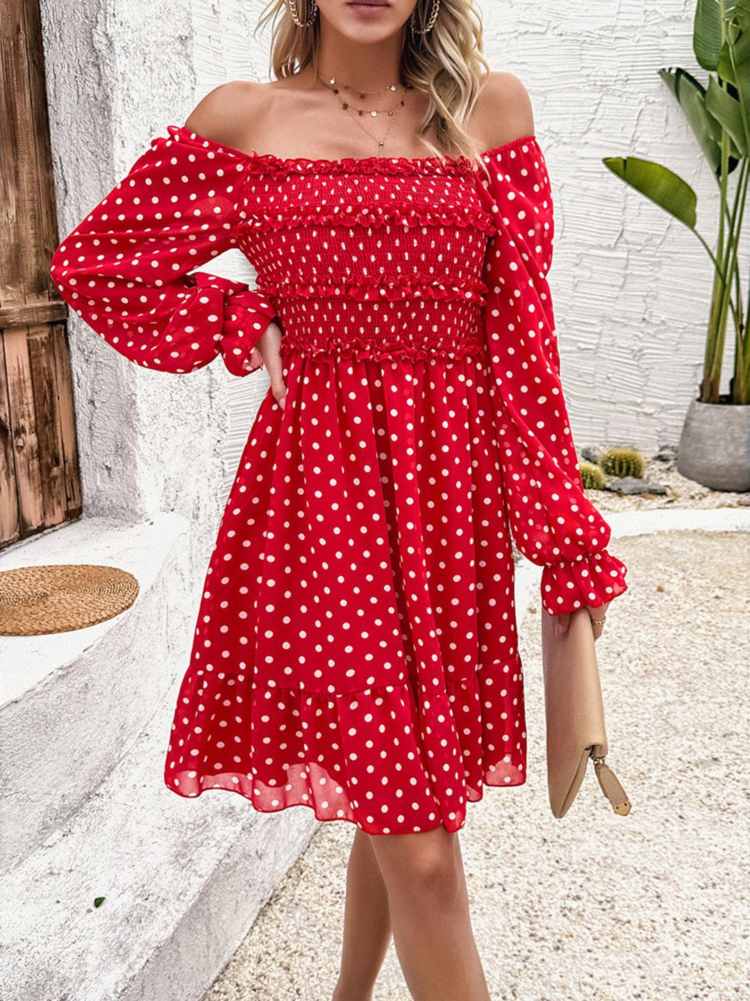 Buy All About You Red Polka Dot Prints Square Neck Flared Puff Sleeve ...