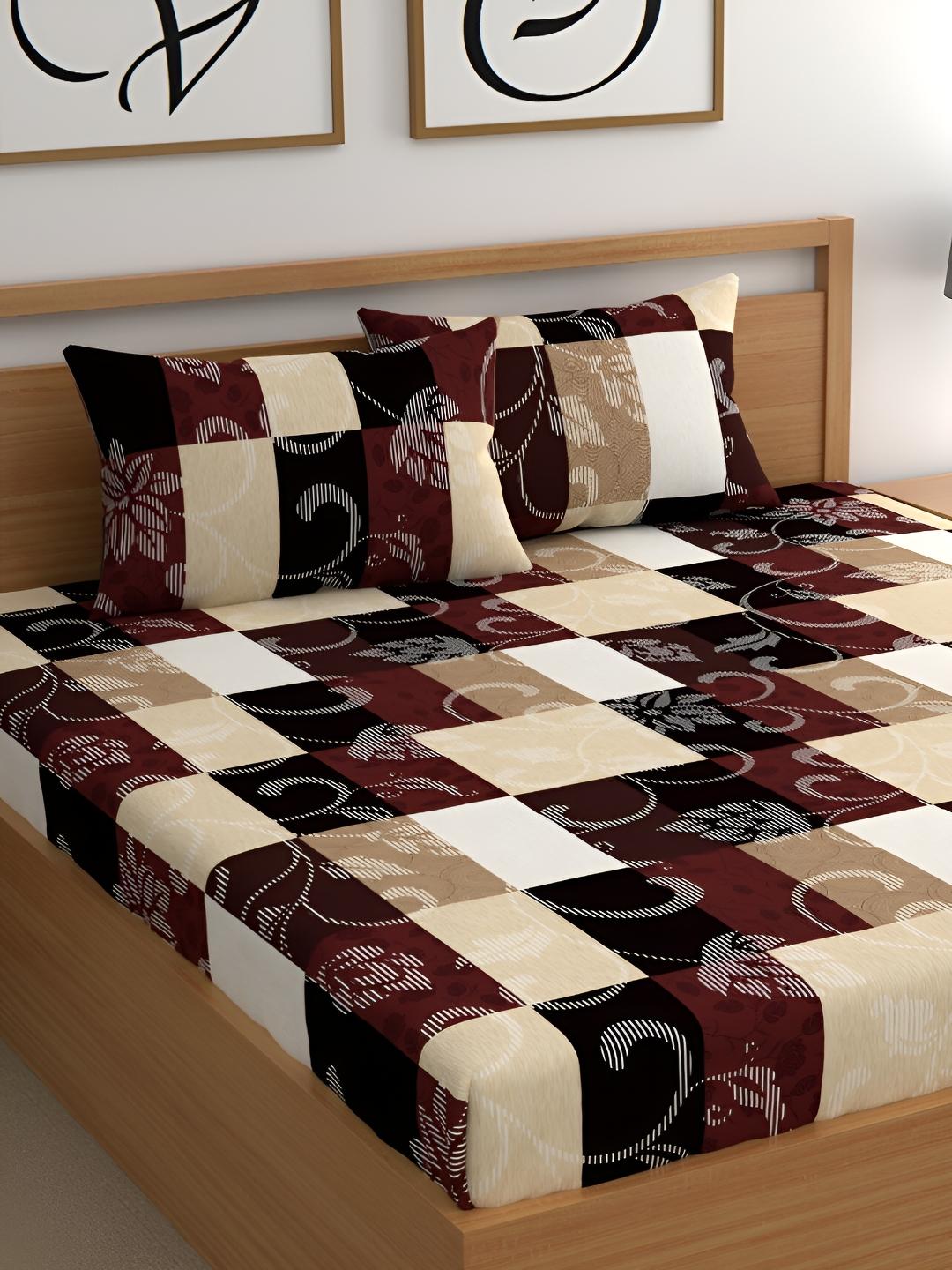 Buy CG HOMES Brown Floral Cotton 160 TC Fitted Queen Bedsheet With 2 ...