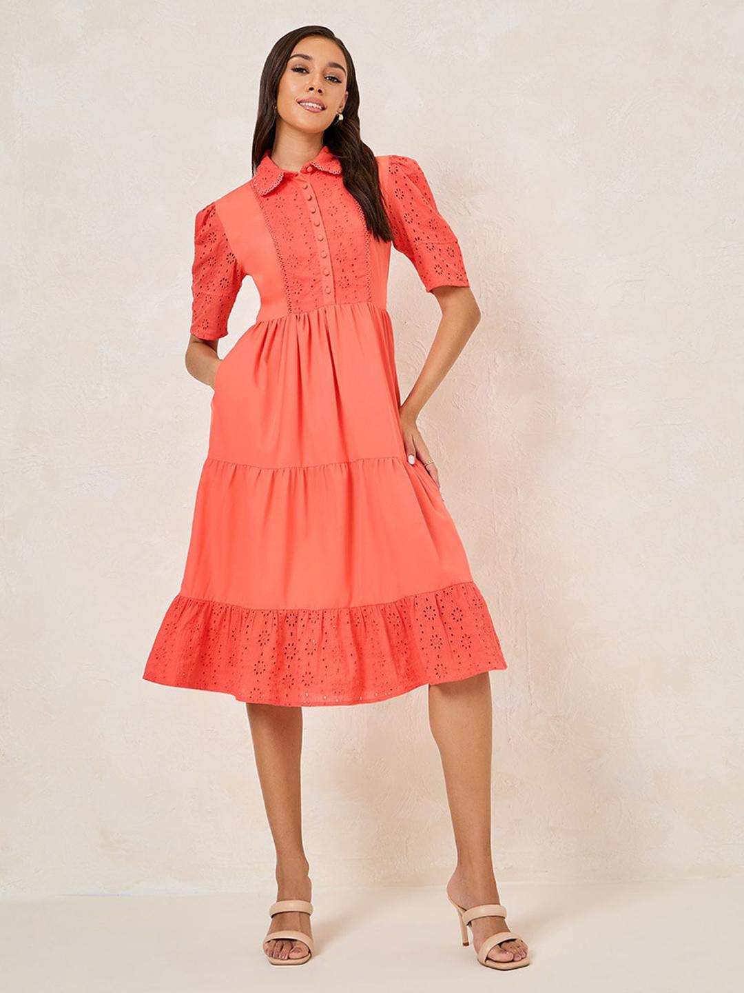 Buy Styli Self Design Schiffli Shirt Collar Fit & Flare Midi Dress ...