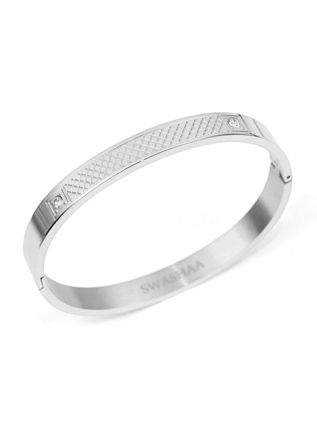 Buy SWASHAA Men American Diamond Silver Plated Kada Bracelet - Bracelet ...