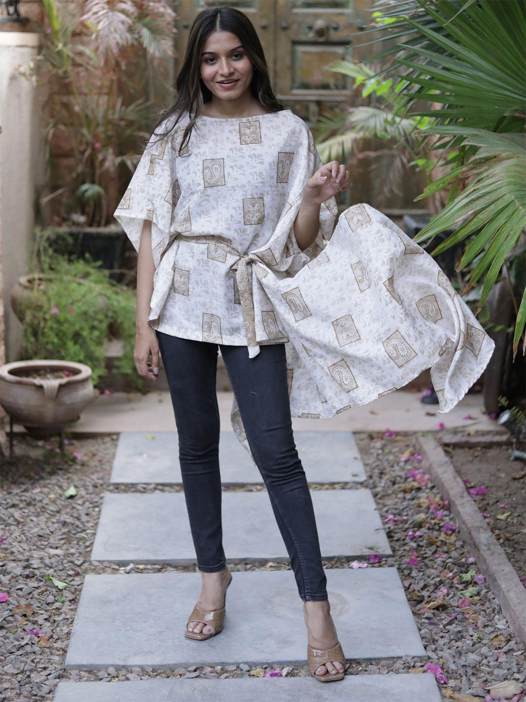 Buy Exotic India White Assorted Vintage Pure Silk Drape Top - Tops for ...
