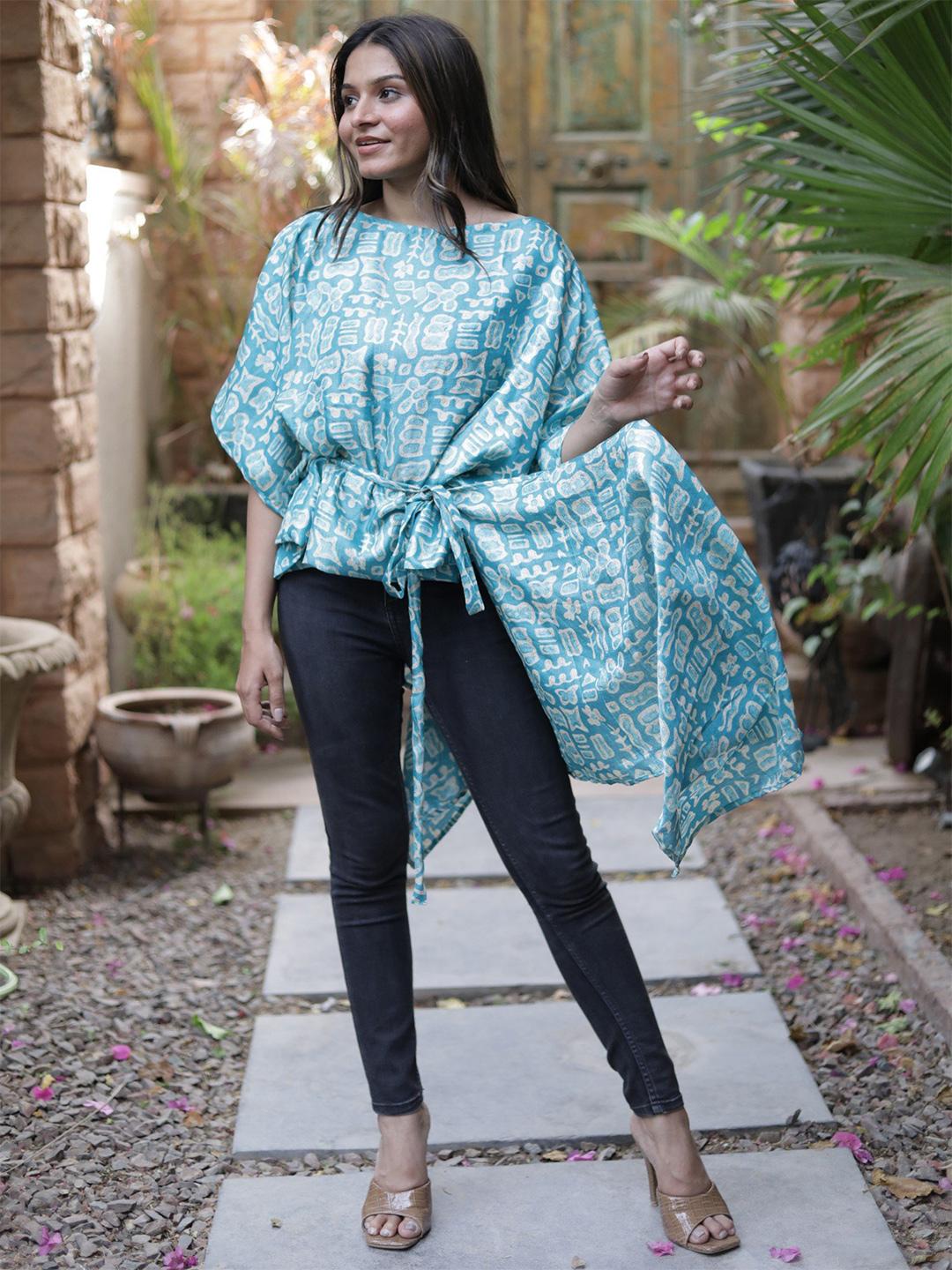 Buy Exotic India Assorted Vintage Pure Silk Sky Drape Top - Tops for ...