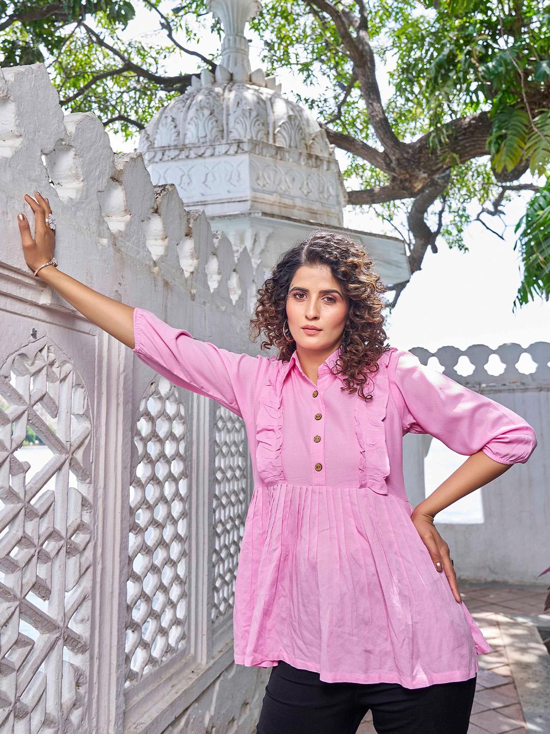 Buy PEACH PIPER Shirt Collar Gathers Detailed Tunic - Tunics for Women ...