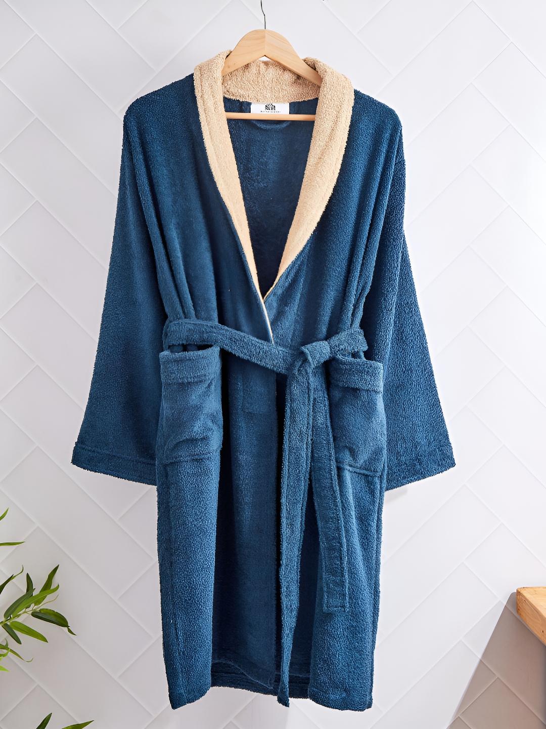 Buy Home Centre Women Blue Shawl Collar Pure Cotton Bath Robe - Bath ...