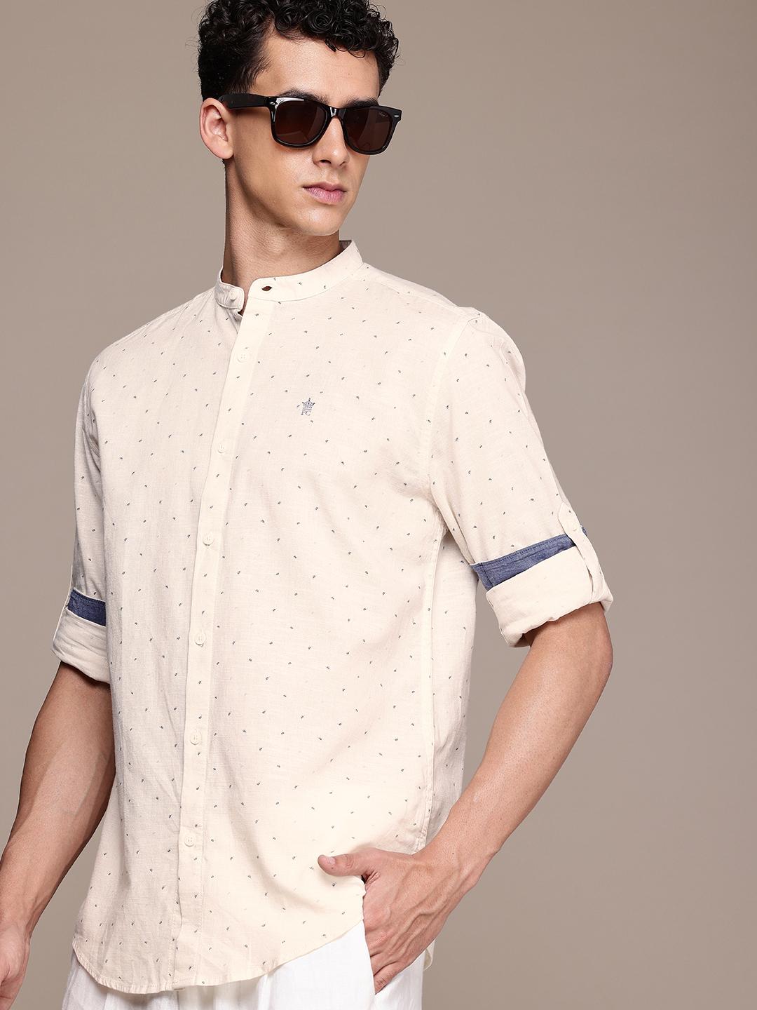 Buy French Connection Slim Fit Geometric Printed Band Collar Pure ...