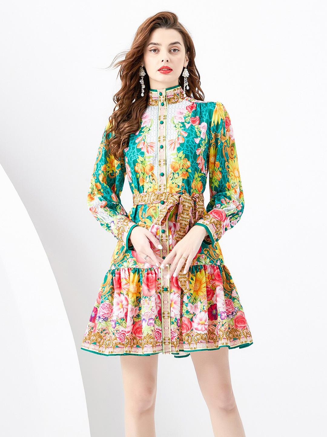 Buy JC Collection Floral Printed Band Collar Fit & Flare Mini Dress ...