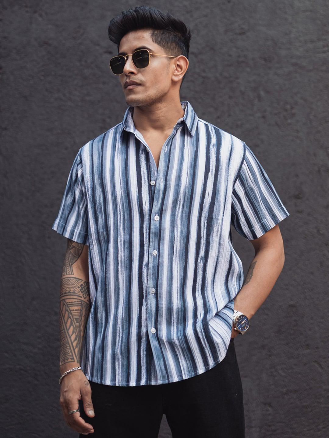 Buy Powerlook White And Navy Blue Striped Spread Collar Shirt - Shirts ...