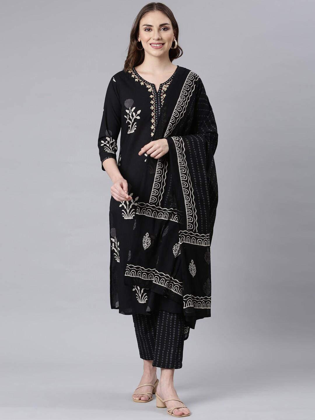 Buy Neerus Floral Printed Notch Neck Thread Work Straight Kurta With ...