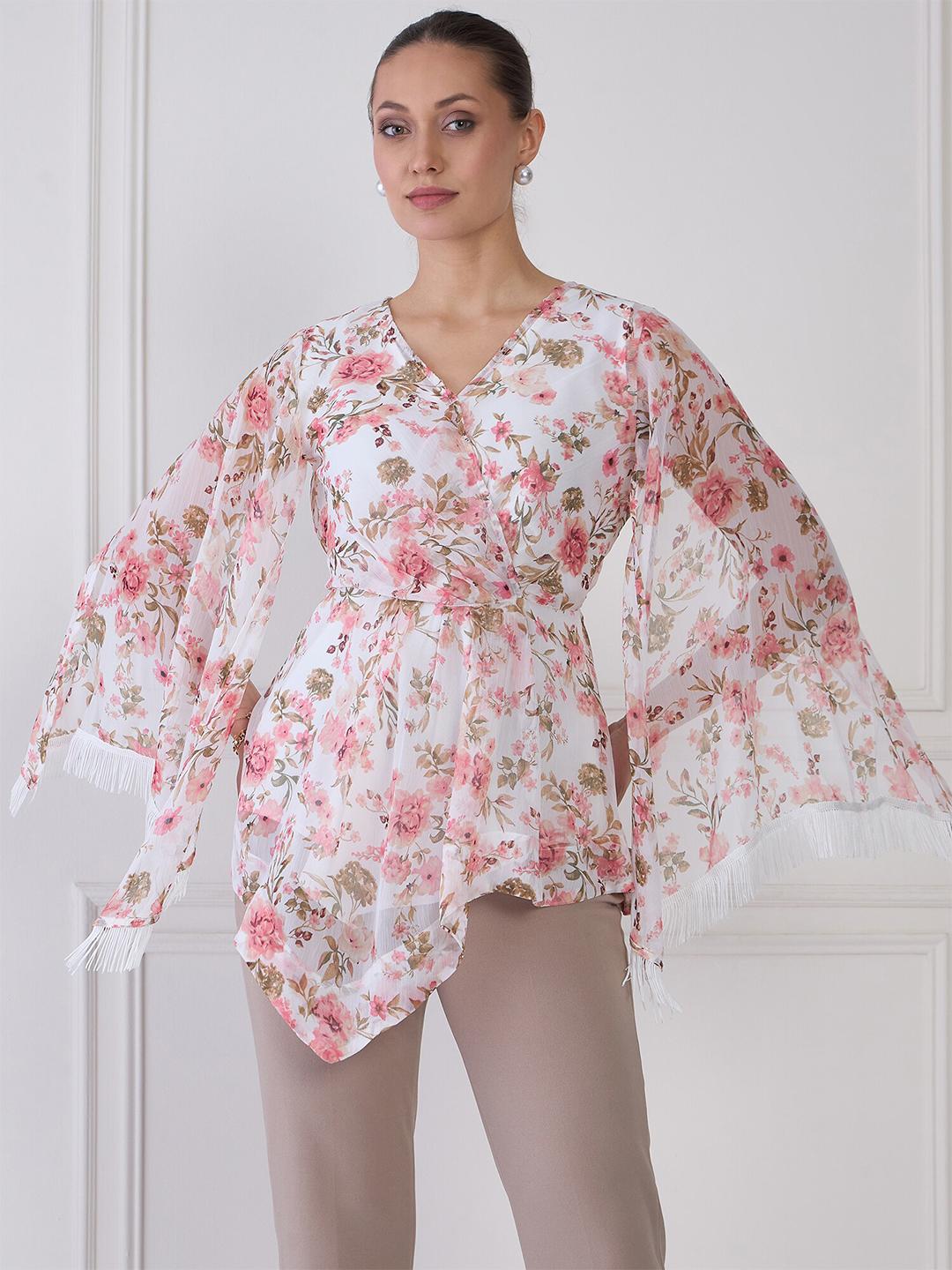 Buy Antheaa Floral Print Flared Sleeve Chiffon Wrap Top - Tops for ...