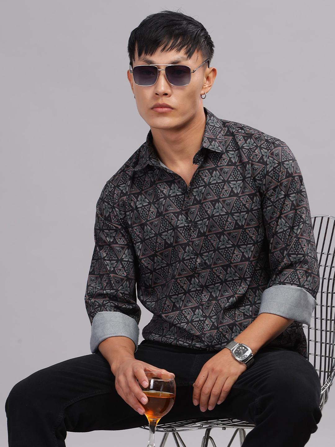 Buy PAUL STREET Standard Geometric Printed Cutaway Collar Slim Fit ...