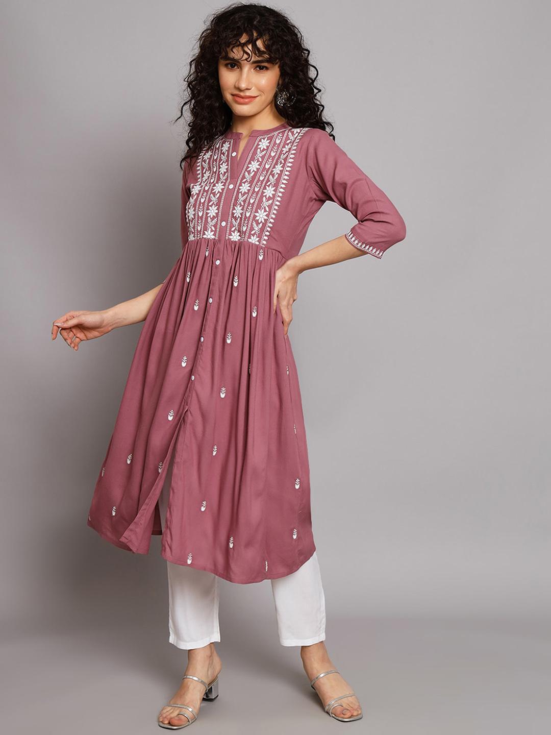 Buy ANGITA Women Ethnic Motifs Embroidered Mandarin Collar Thread Work ...