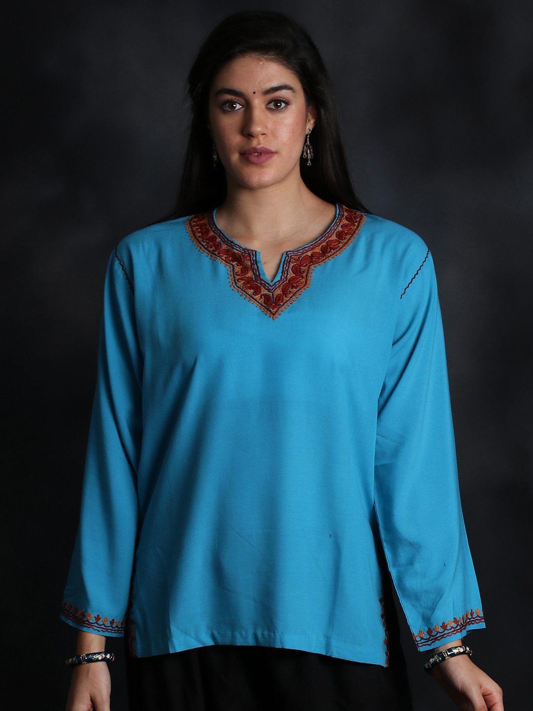 Buy Exotic India Hand Embroidered Pure Cotton Kashmiri Kurti - Kurtis ...