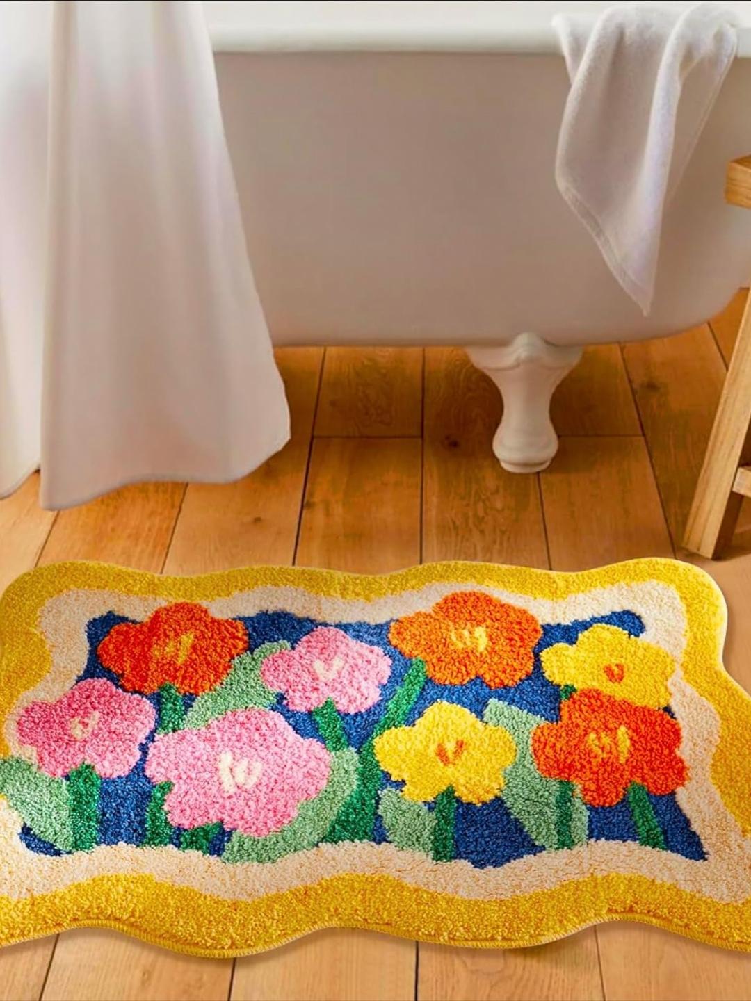 Buy ROSEATE Yellow & Blue Floral Microfiber 2000 GSM Anti Skid Bath Rug ...