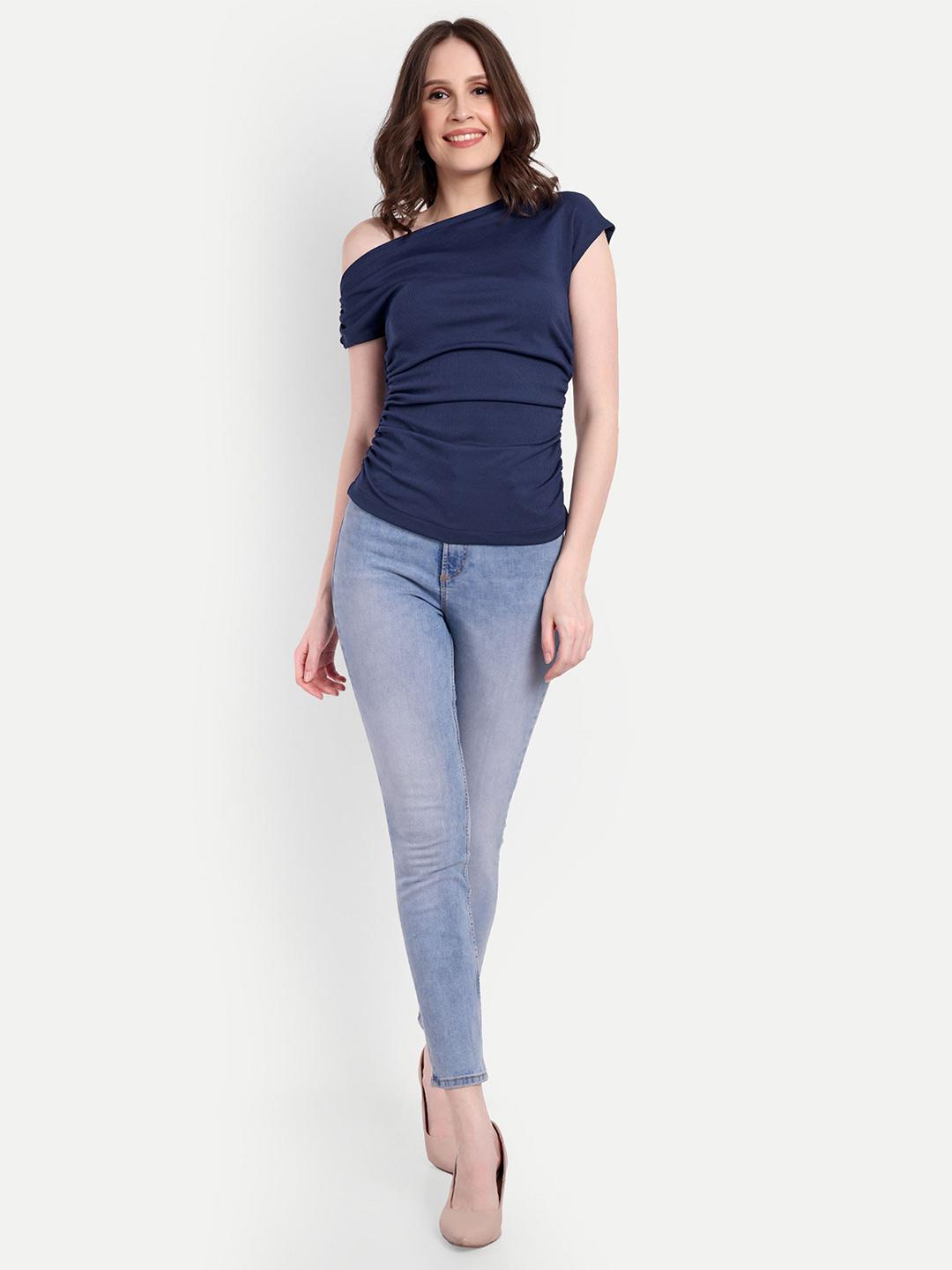 Buy DRAPE AND DAZZLE Ribbed Gathered One Shoulder Cotton Casual Top ...