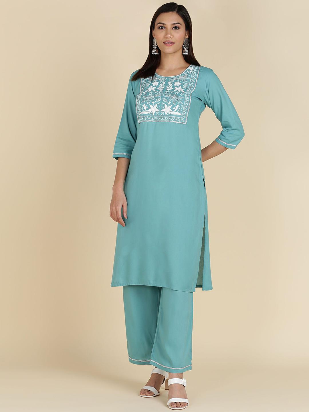 Buy ANGITA Ethnic Motifs Embroidered Round Neck Thread Work Kurta With ...