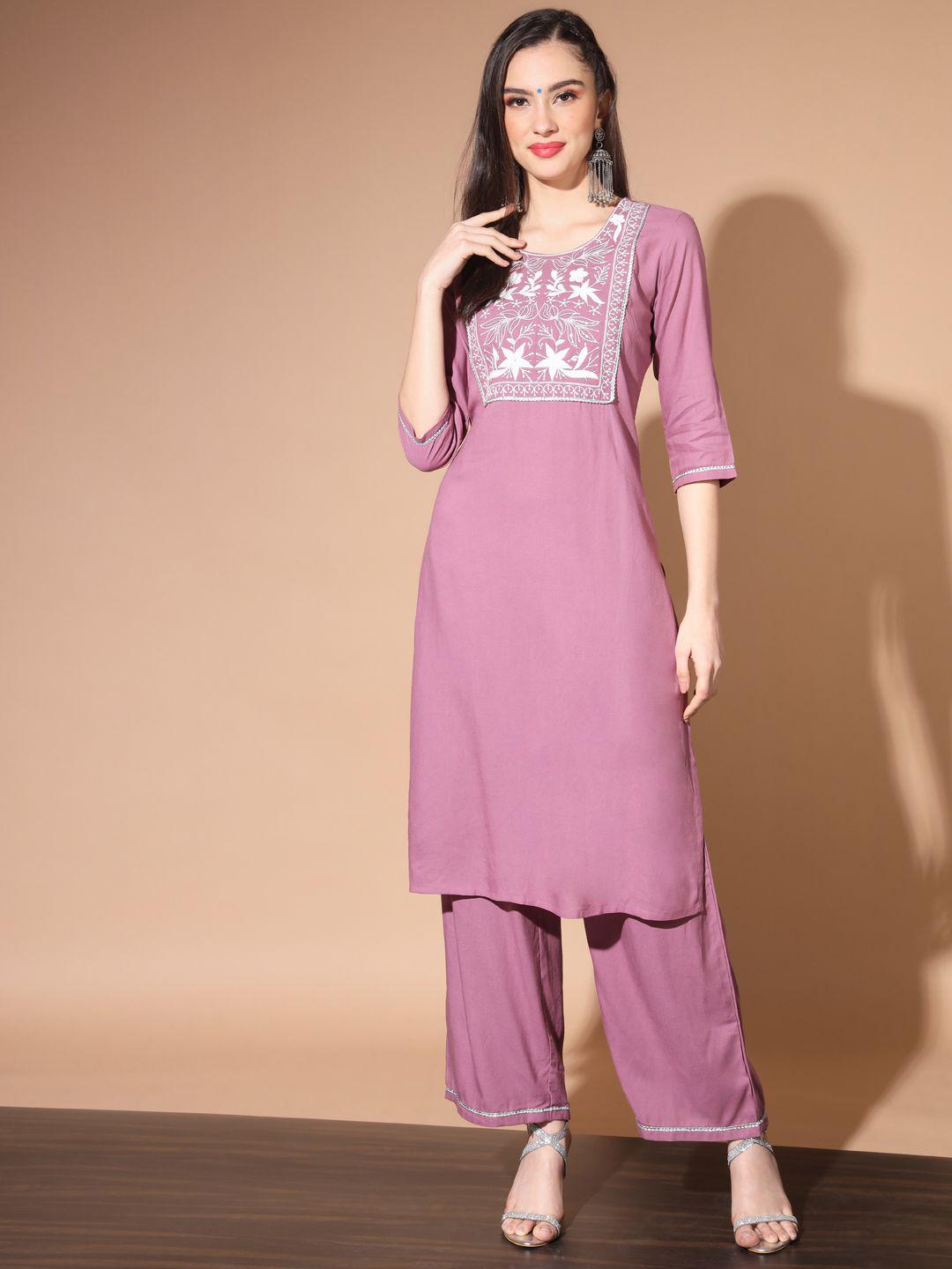 Buy ANGITA Ethnic Motifs Embroidered Round Neck Thread Work Kurta With ...