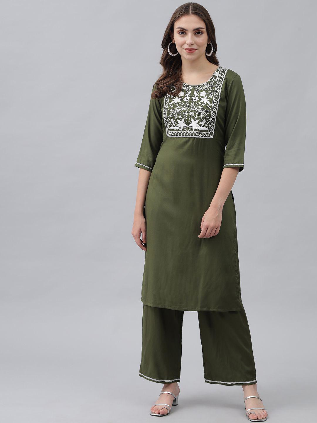 Buy ANGITA Ethnic Motifs Embroidered Thread Work Kurta With Palazzos ...
