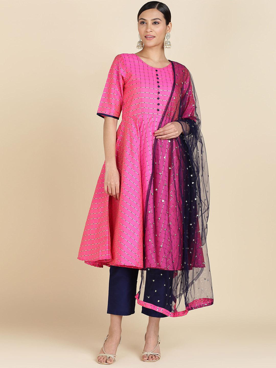 Buy ANGITA Checked Round Neck Sequinned Kurta With Trousers & Dupatta ...