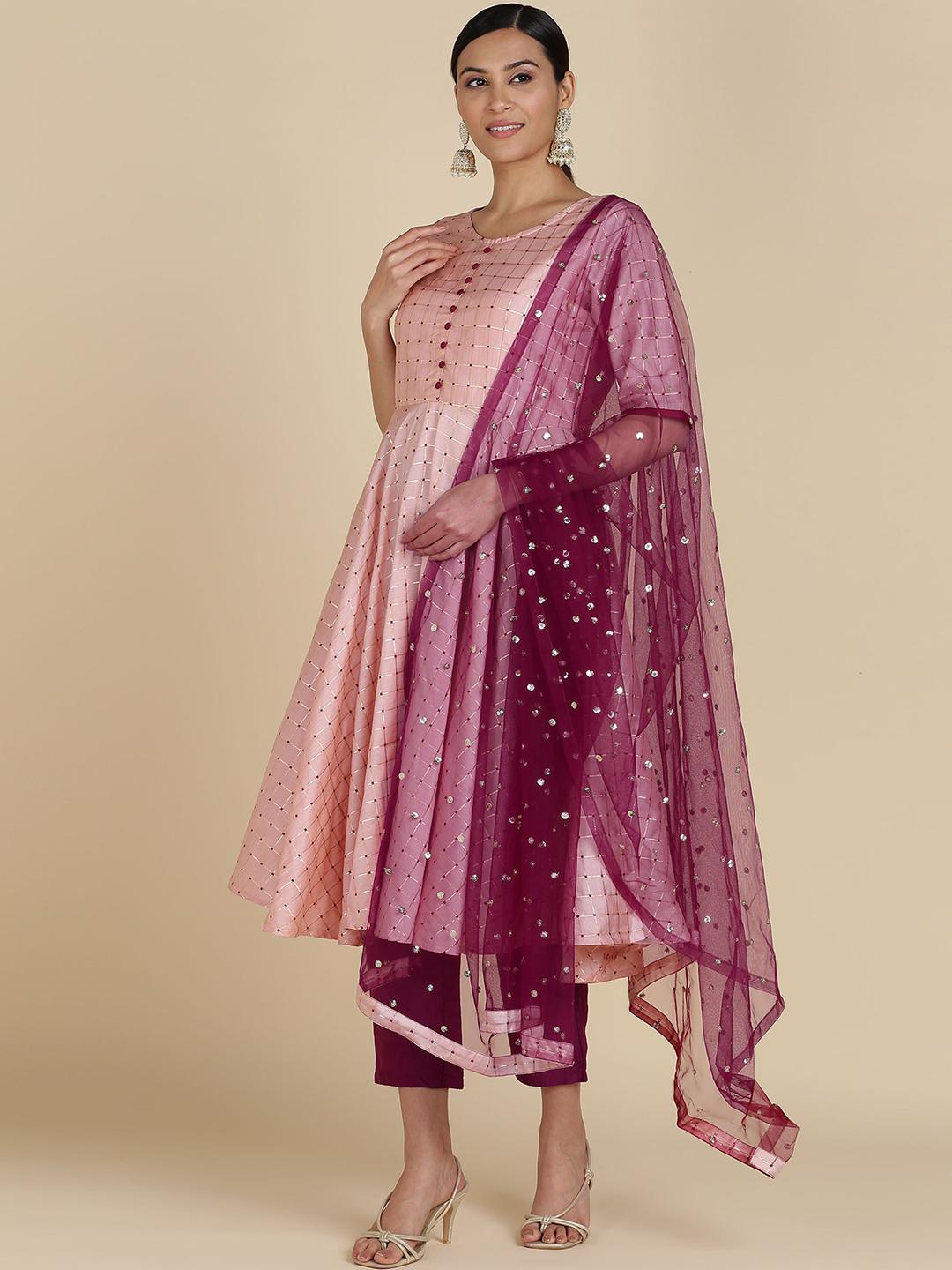 Buy ANGITA Checked Round Neck Sequinned Kurta With Trousers & Dupatta ...
