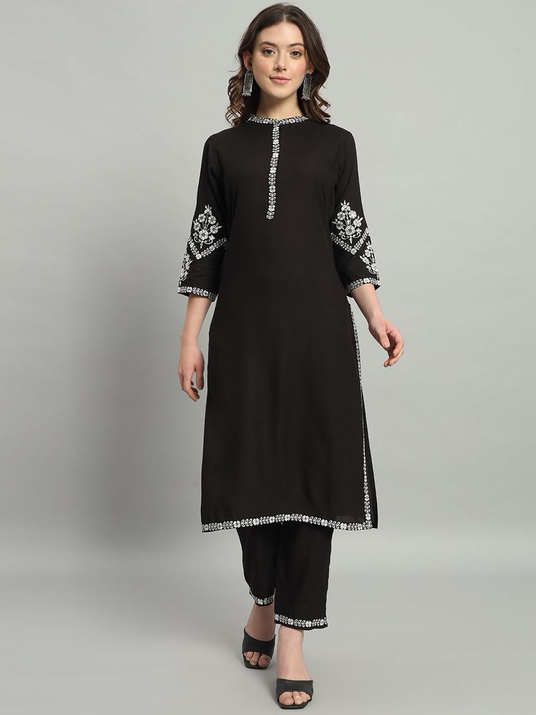 Buy ANGITA Ethnic Motifs Embroidered Band Collar Thread Work Kurta With ...