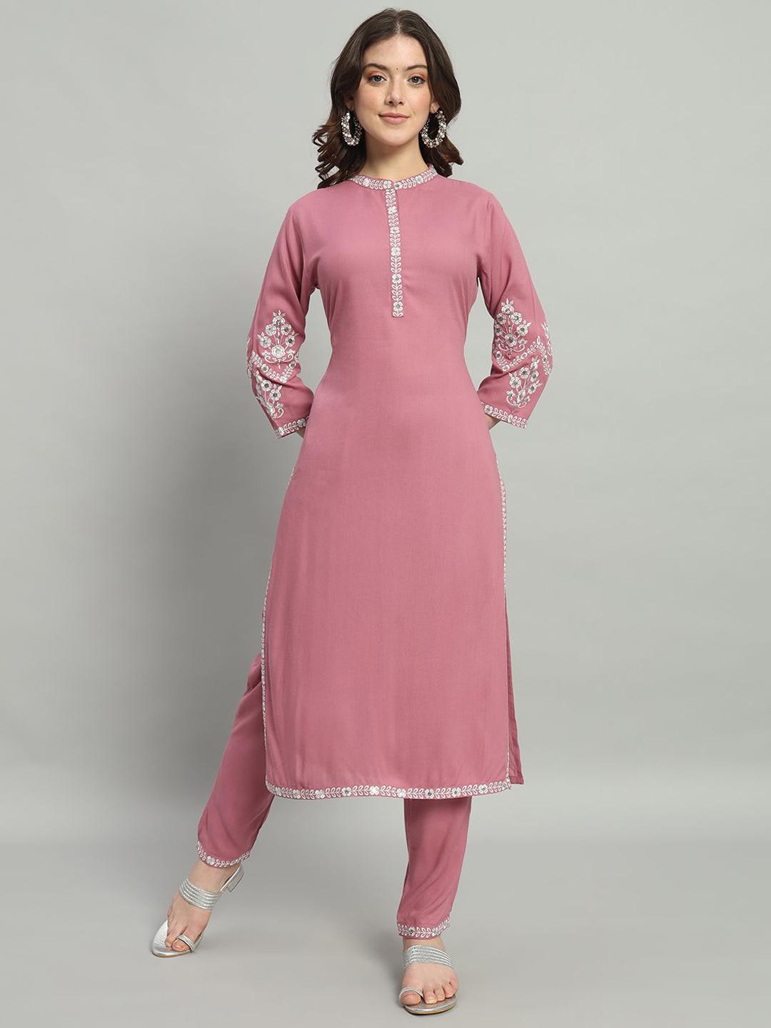 Buy ANGITA Ethnic Motifs Band Collar Zari Embroidered Straight Kurta ...