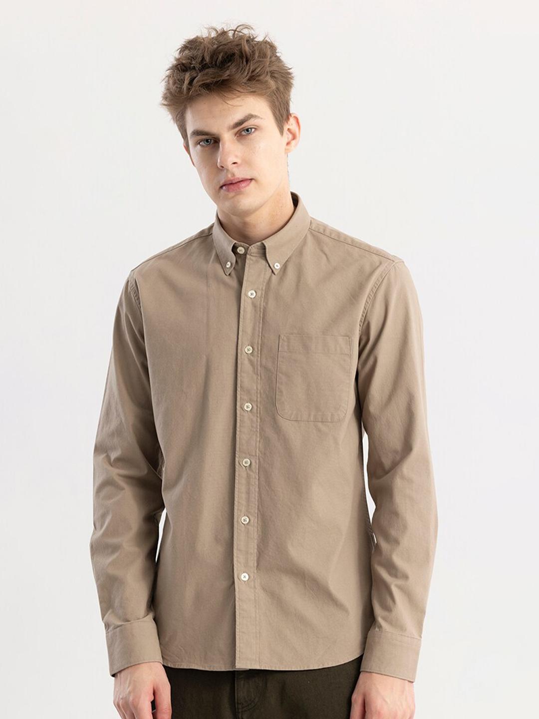 Buy Snitch Khaki Straight Slim Fit Button Don Collar Pure Cotton Casual ...