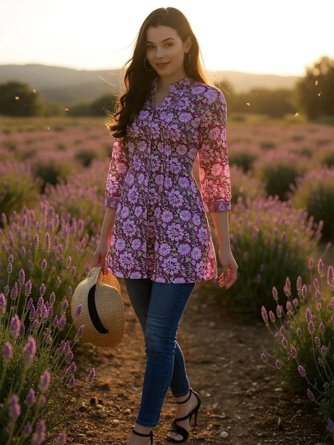 Buy Hive91 Floral Printed Mandarin Collar Tunic - Tunics for Women ...