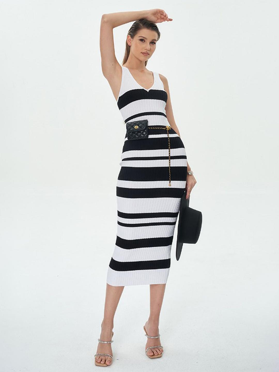 Buy LULU & SKY White Horizontal Striped Sleeveless Bodycon Midi Dress ...