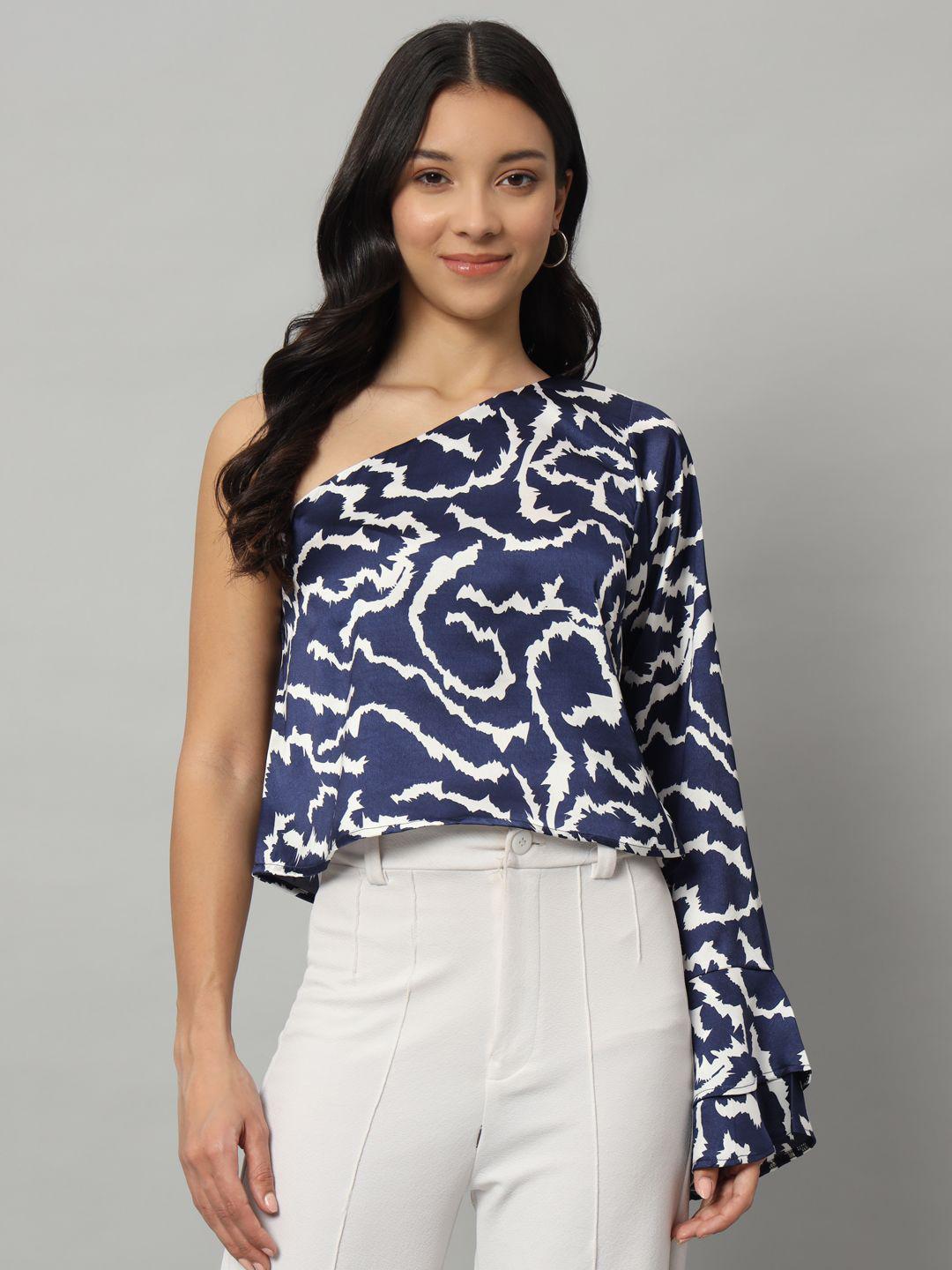 Buy Chemistry Abstract Print One Shoulder Long Bell Sleeves Satin ...
