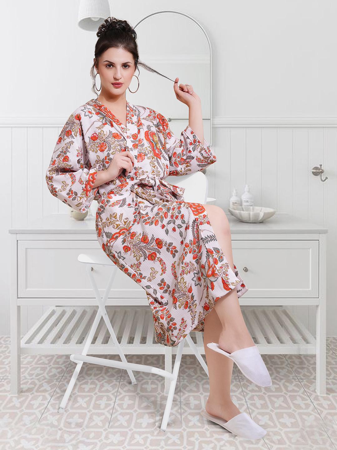 Buy HotGown Waffle White Floral Cotton Drawstring Midi Bath Robe - Bath ...