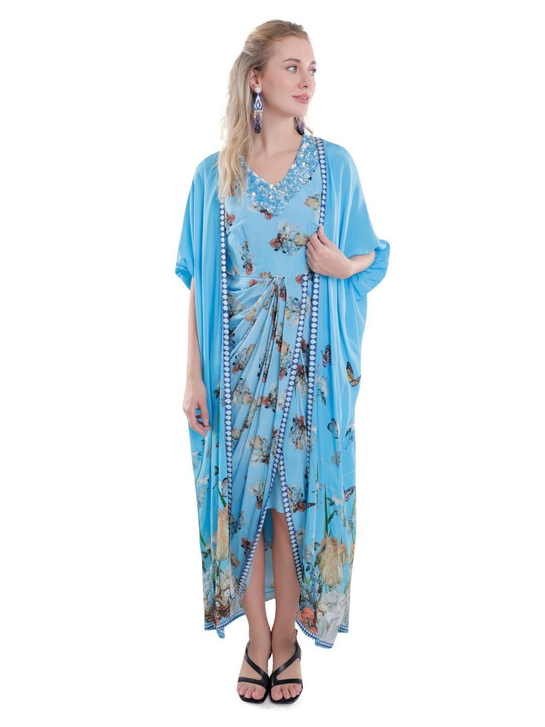Buy JYO DAS Floral Printed Draped Kimono Sleeve Crepe Sheath Dress With ...