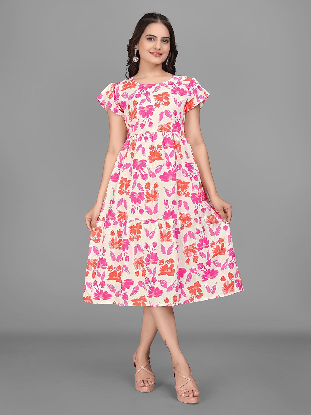 Buy PARNAVI Floral Print Round Neck A Line Midi Dress - Dresses for ...