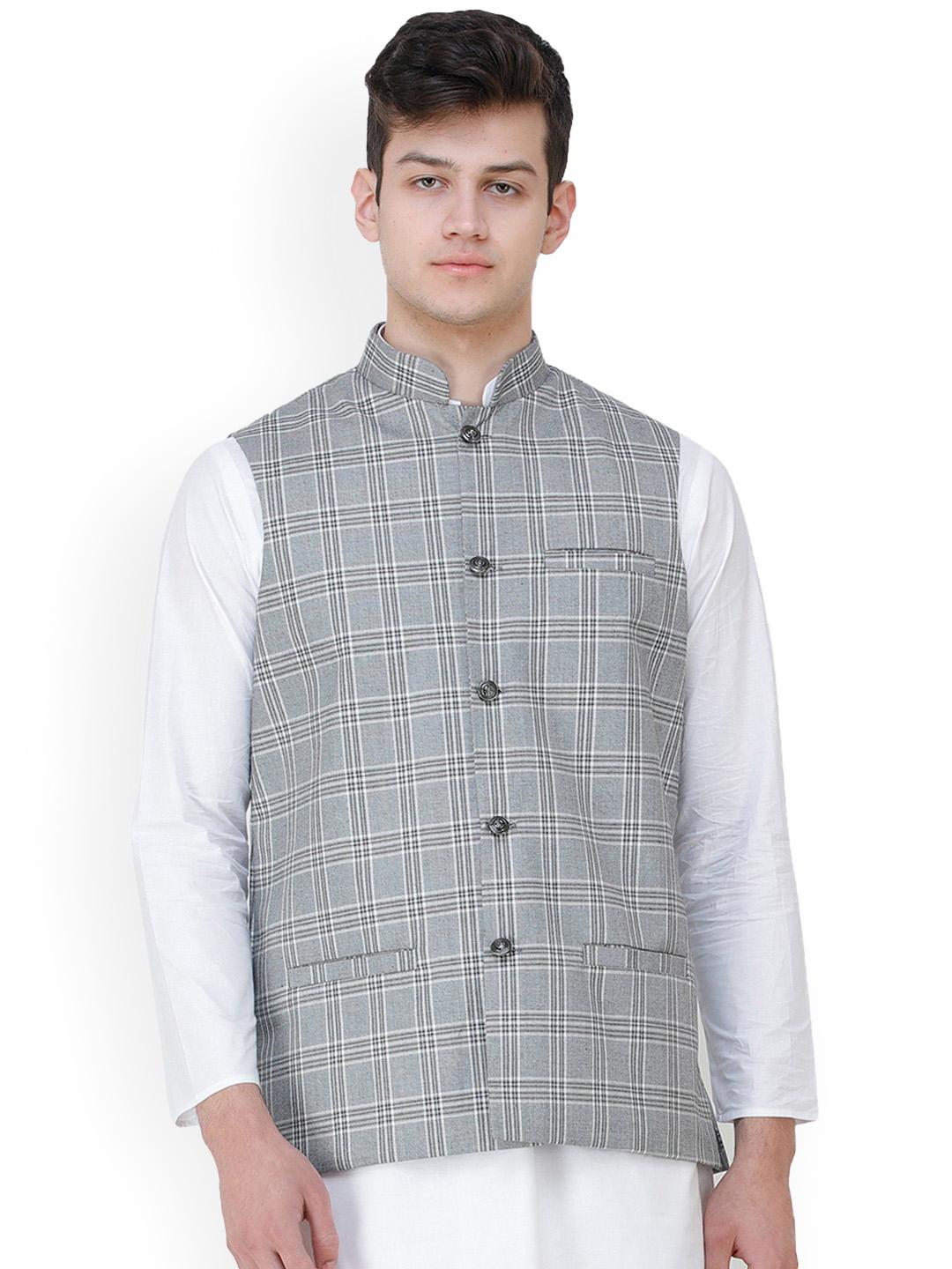 Buy Exotic India Ash Double Check Pattern Polywool Nehru Jacket With ...