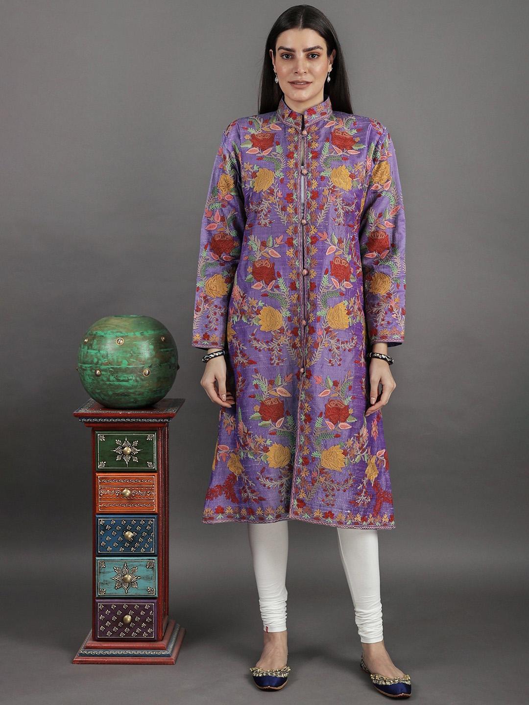 Buy Exotic India Women Silk Kashmiri Embroidered Long Ethnic Tailored ...