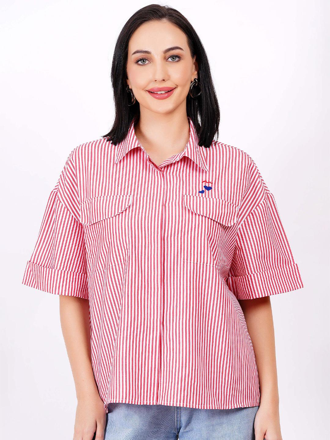 Buy MINGLAY Women Relaxed Bengal Stripes Sheer Striped Casual Shirt ...