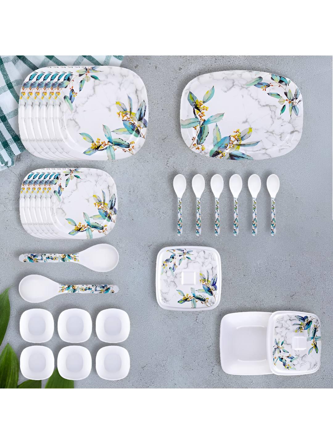 Buy USHA SHRIRAM White & Blue 31 Pieces Floral Printed Dinner Set ...