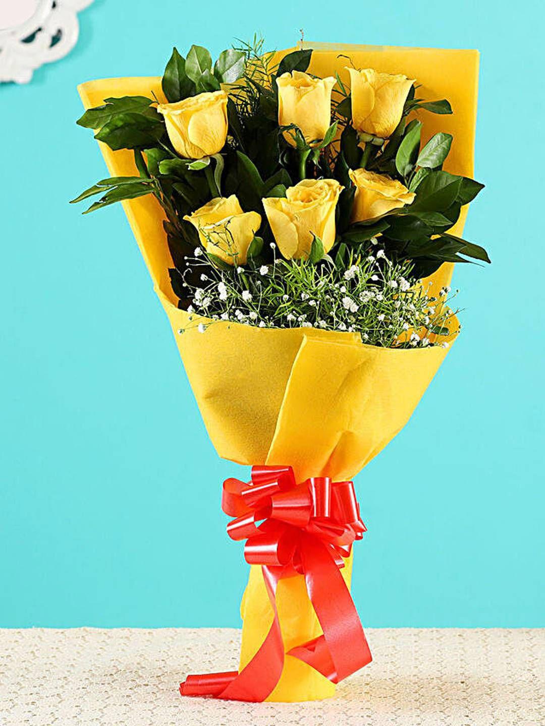 Buy Fnp Yellow & Green 6 Pieces Roses Fresh Flowers Bunch - Fresh ...